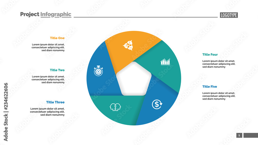 Donut chart with five sections. Infochart, swot analysis, slide ...