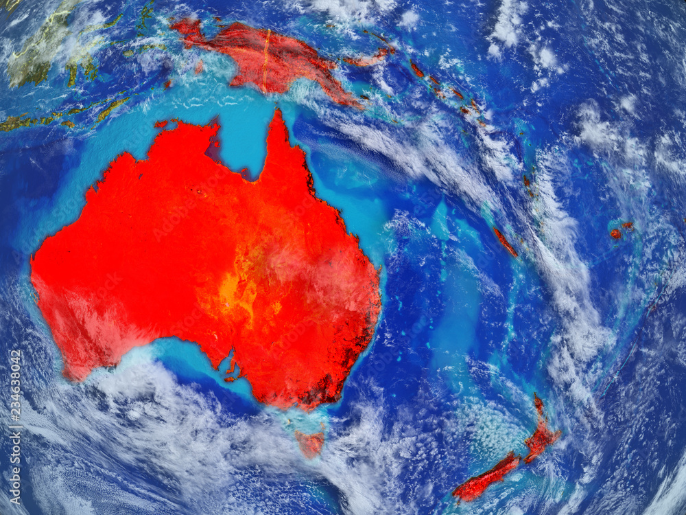 Australia from space on model of planet Earth with country borders ...