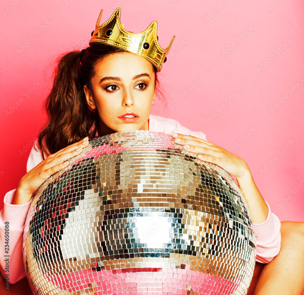 young cute disco girl on pink background with disco ball and cro Stock ...
