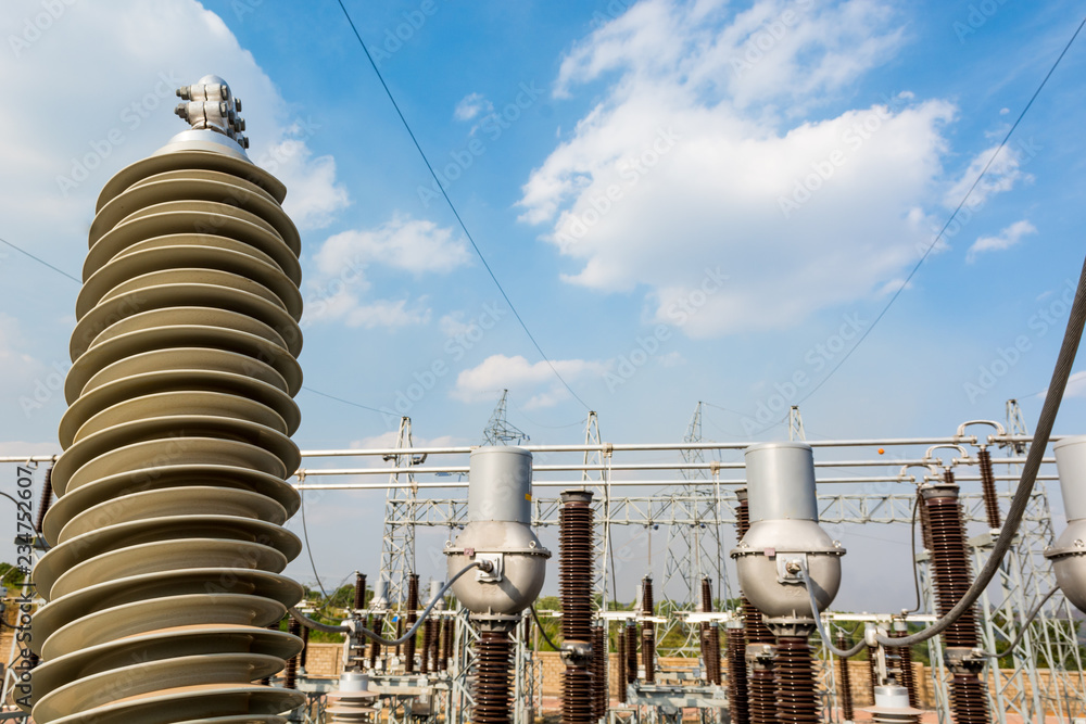 High voltage transformer modern substation electrical switchyard. Stock ...