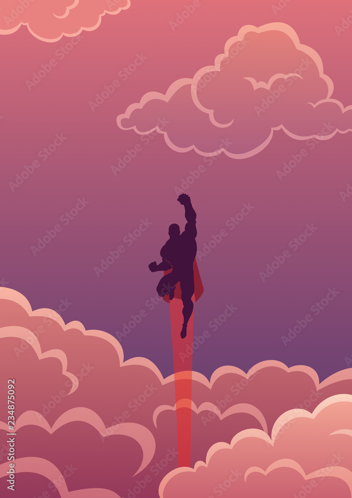Cartoon illustration of powerful superhero flying across beautiful ...
