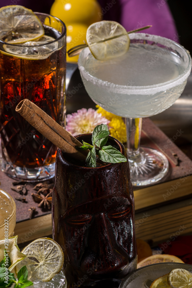 Popular alcoholic cocktails composition. Many cocktail drinks mai tai ...