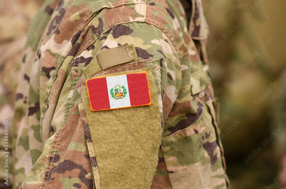 Peru flag on soldiers arm. Peru troops (collage) Stock Photo | Adobe Stock