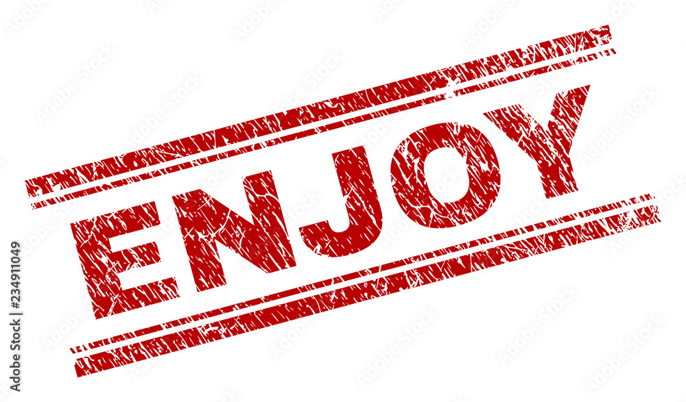 ENJOY seal print with grunge texture. Red vector rubber print of ENJOY ...