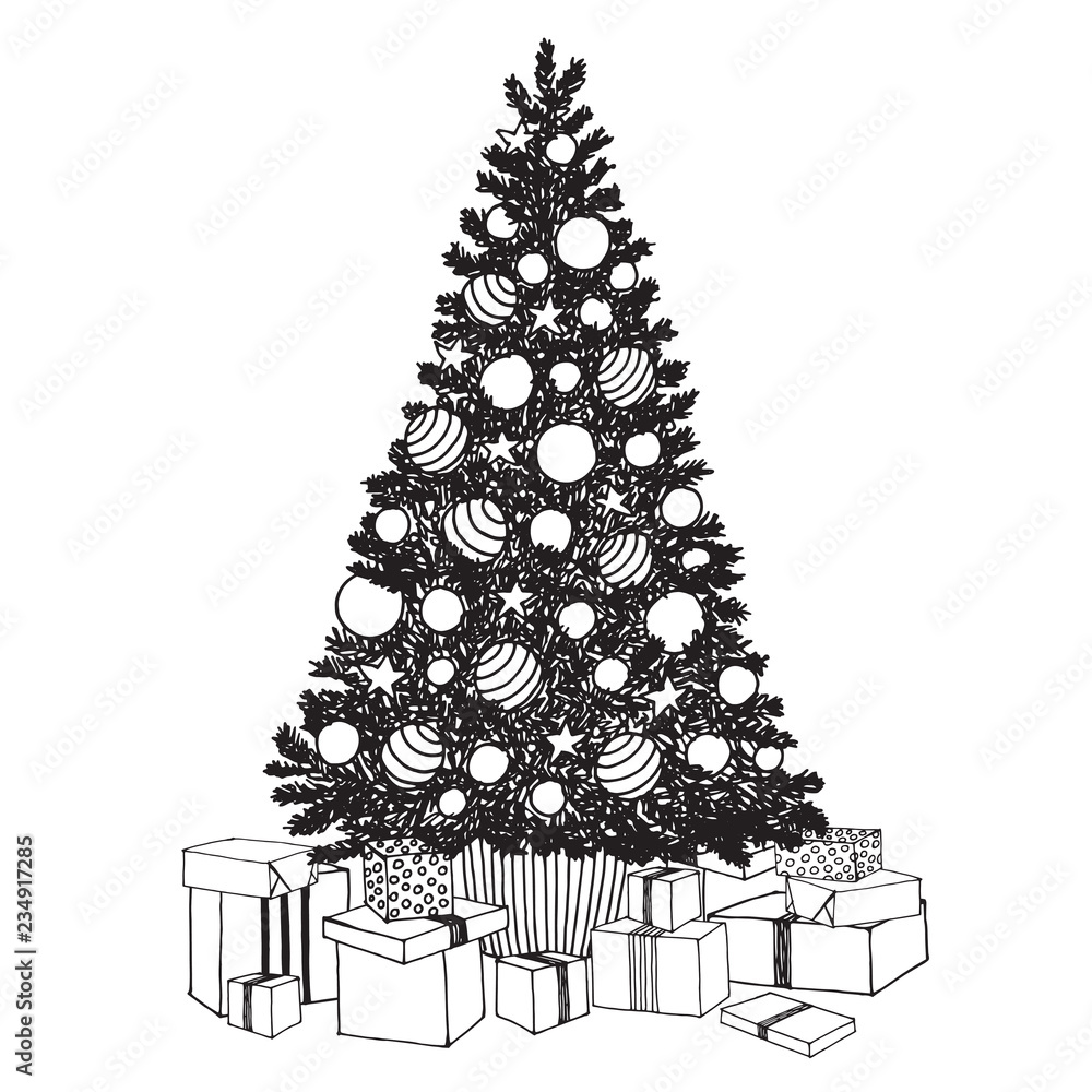 Hand drawn decorated Christmas Tree with gift boxes.. Black and white ...