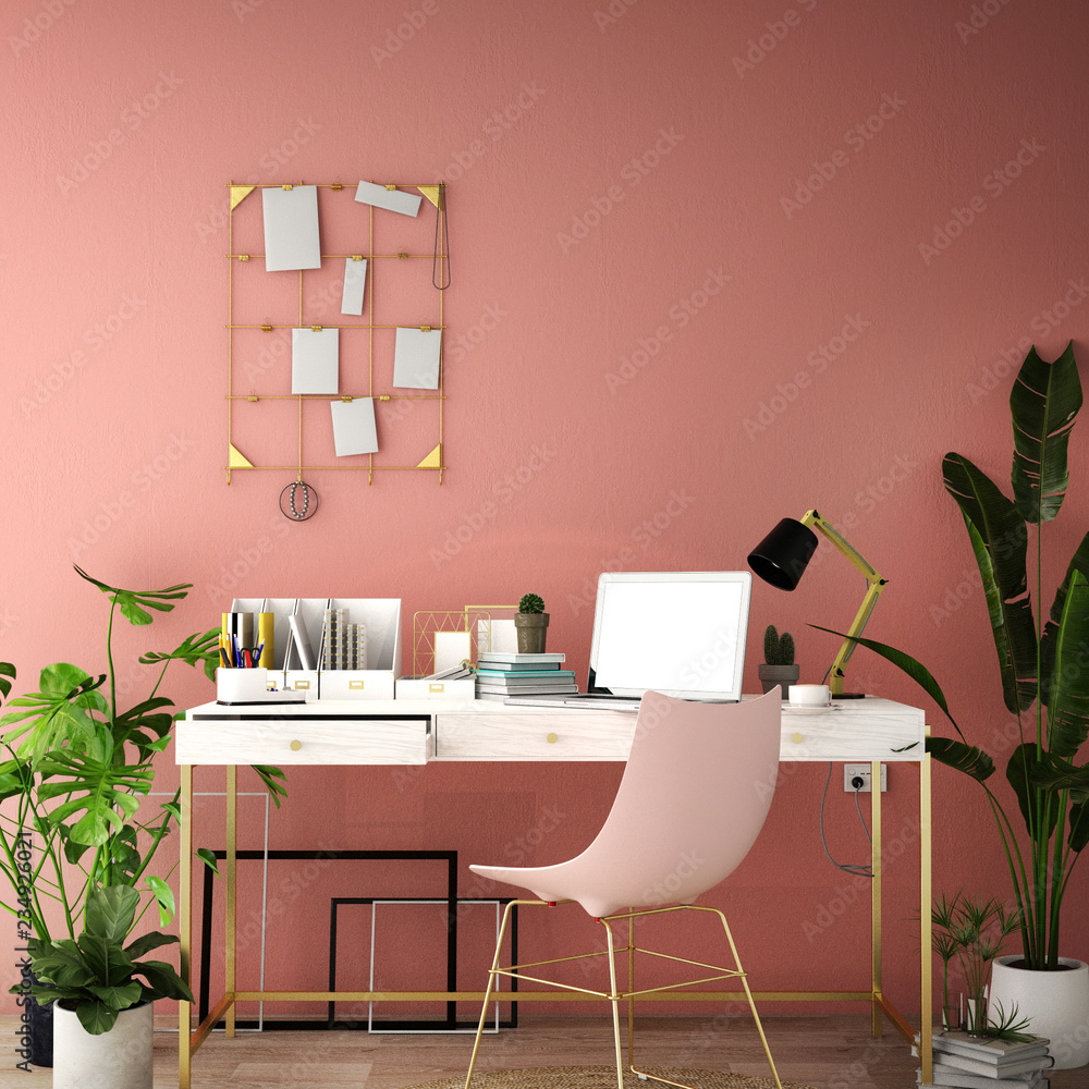 interior design for working area with Destop computer screen on white ...