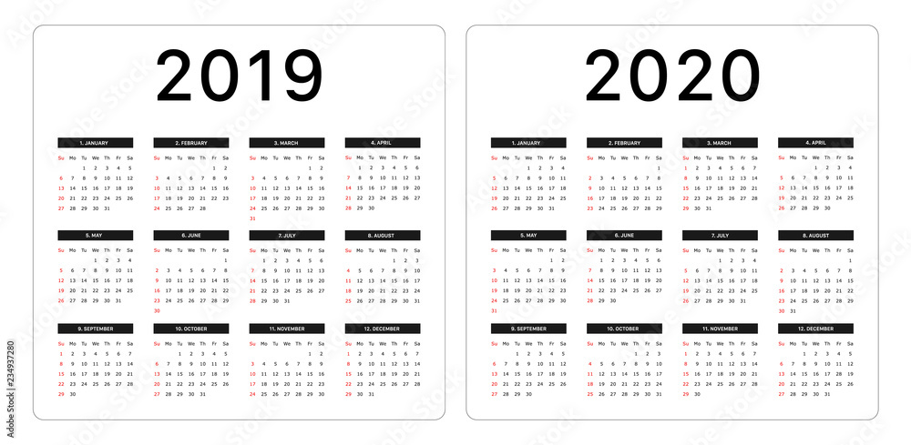 Calendar 2019 and 2020 template. Calendar design in black and white ...