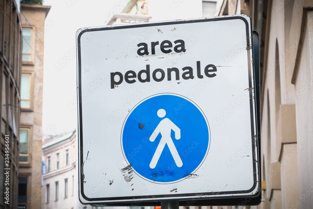 white square road sign indicating the entrance to a pedestrian zone ...