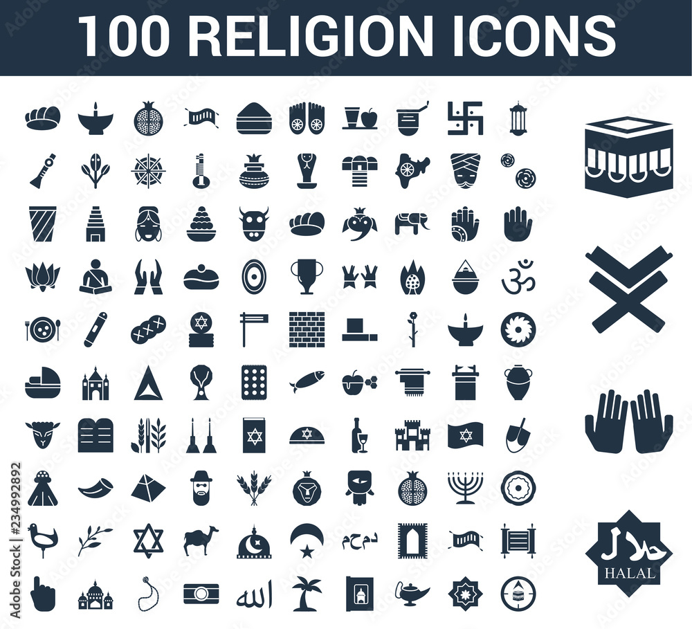 100 Religion universal icons set with Halal, Dua Hands, Reading Quran ...