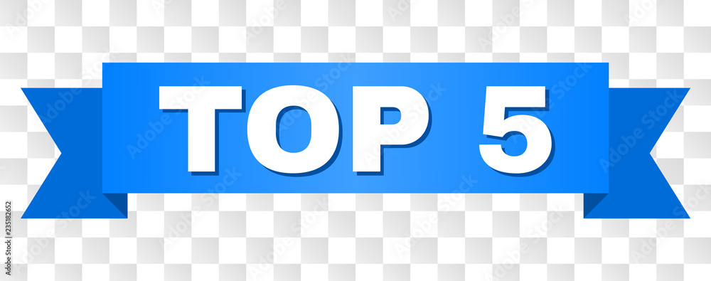 TOP 5 text on a ribbon. Designed with white caption and blue tape ...