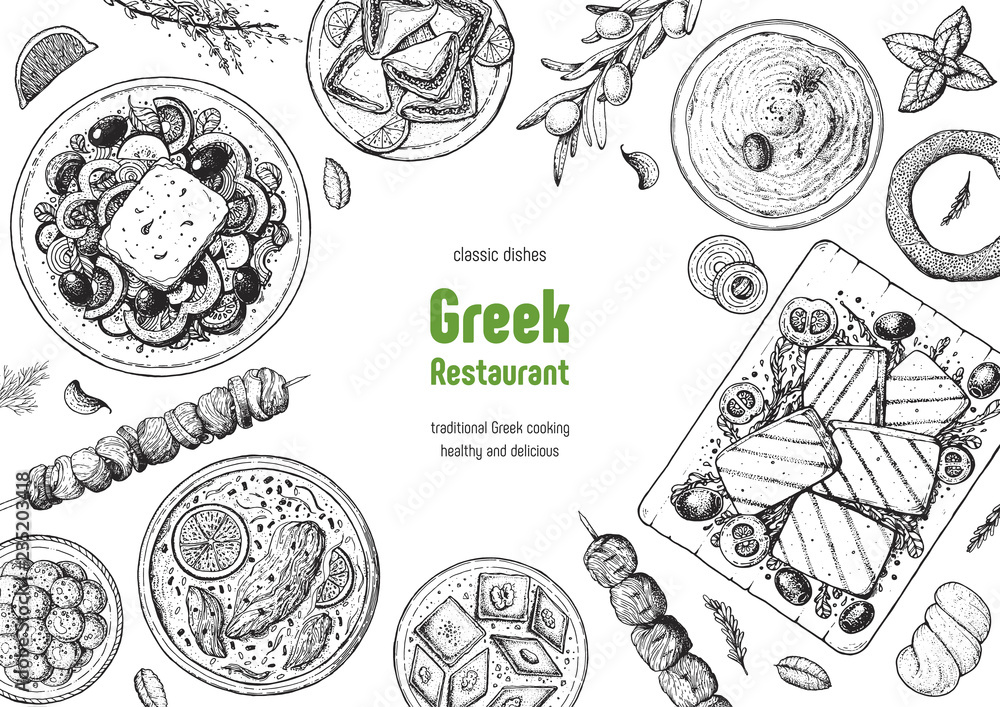Greek cuisine top view frame. A set of greek dishes with greek salad ...