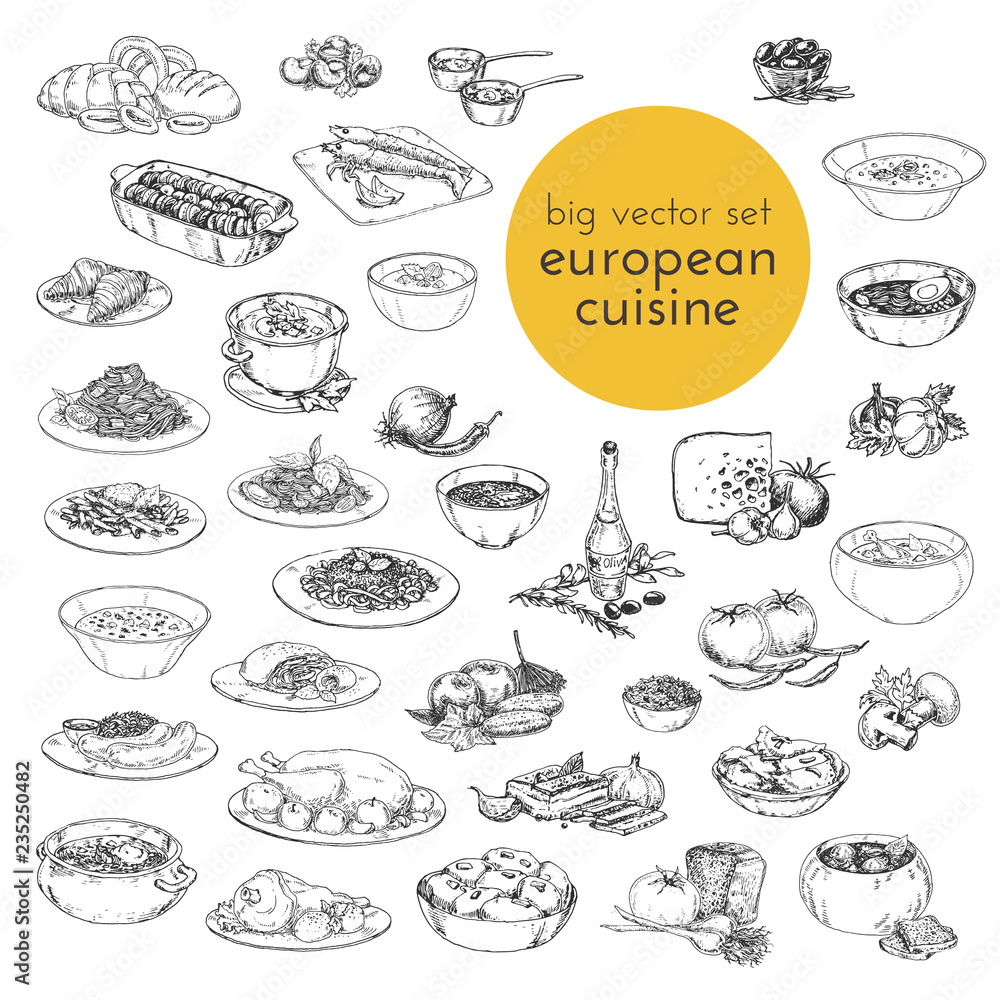large vector set hand drawn illustrations of food. European cuisine ...