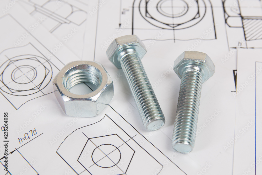 Technical drawings of bolt and nut. Engineering, technology and metalworking. Metal bolt and nut ...