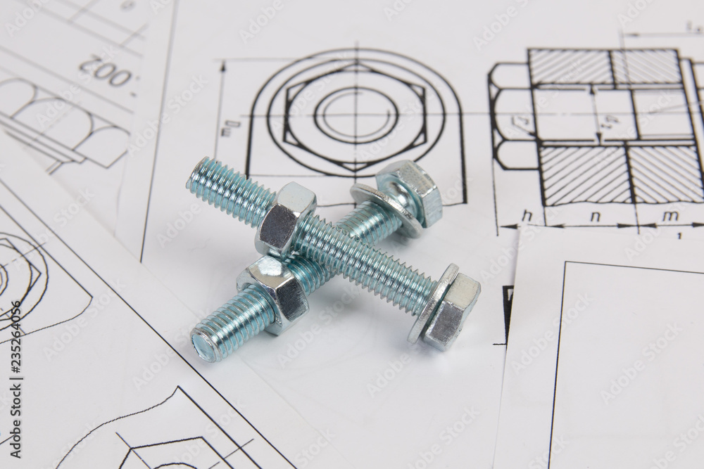 Technical drawings of bolt and nut. Engineering, technology and metalworking. Metal bolt and nut ...