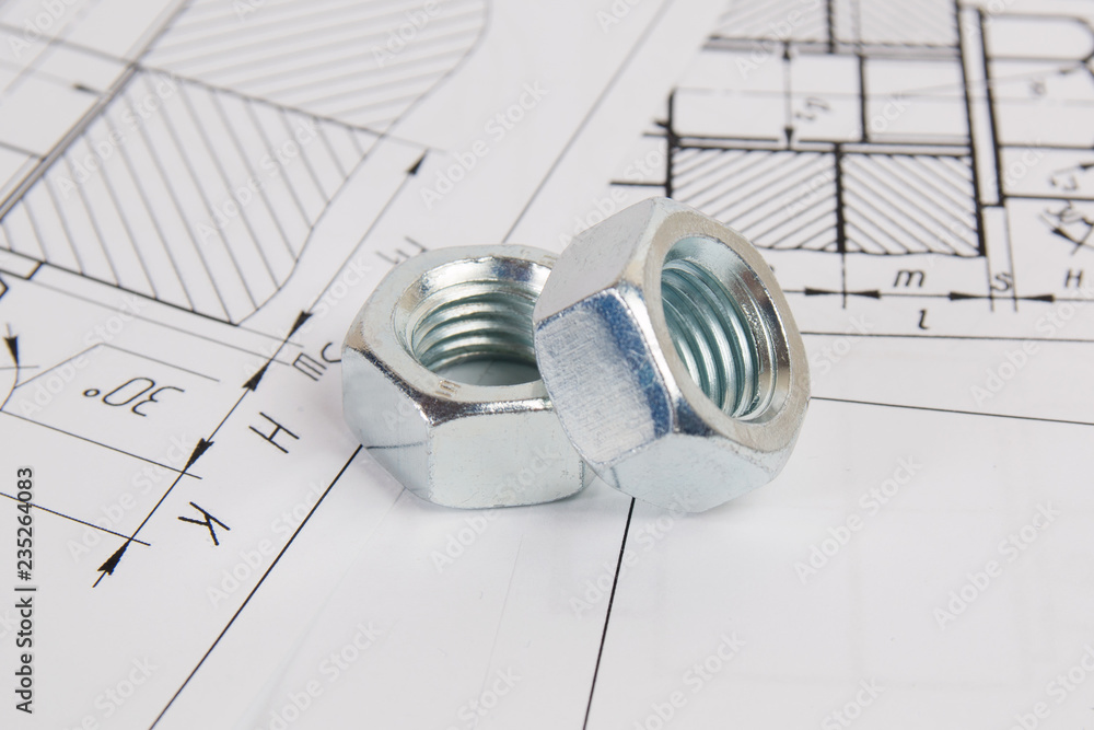 Technical drawings of bolt and nut. Engineering, technology and metalworking. Metal bolt and nut ...