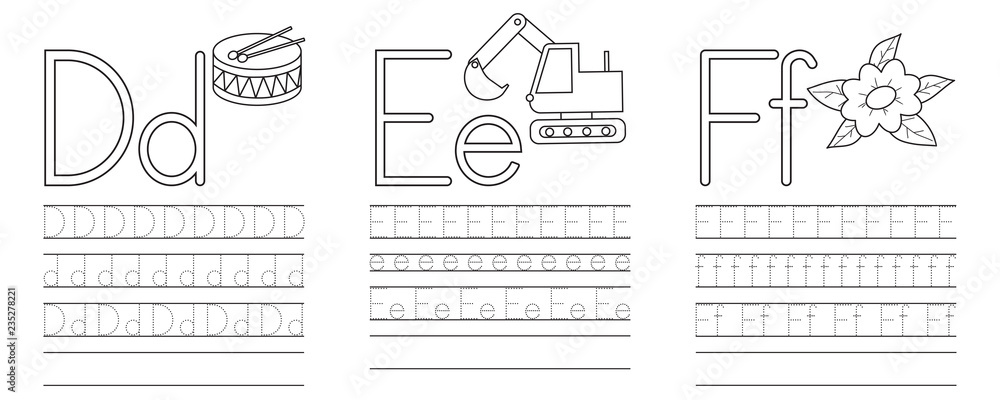 Writing practice of letters D,E,F. Coloring book. Education for ...