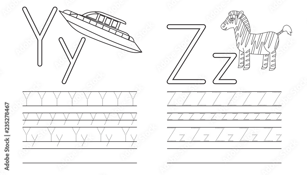 Writing practice of letters Y,Z. Coloring book. Education for children ...