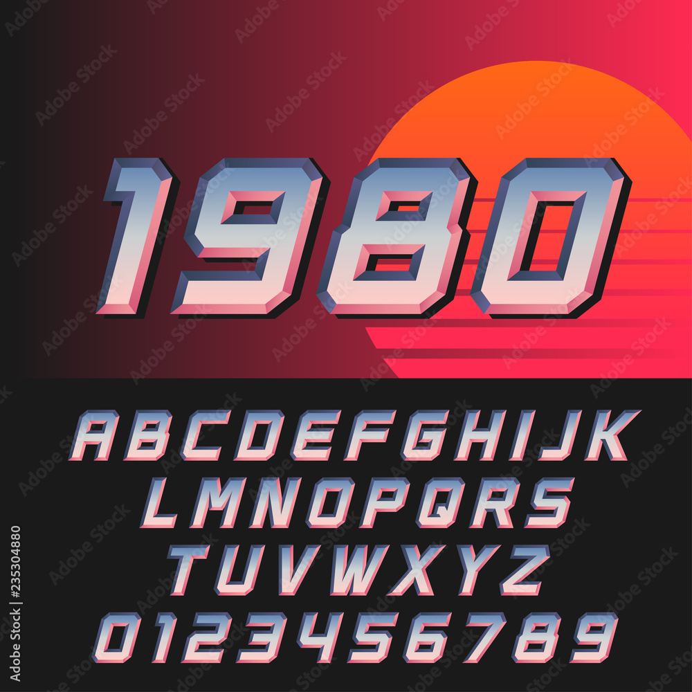 Slanted retro futuristic font in style of 80s, letters and numbers ...