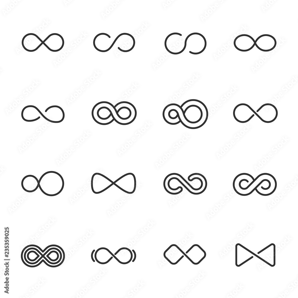 Infinity, icon set. Different shapes, linear icons. Line with editable ...