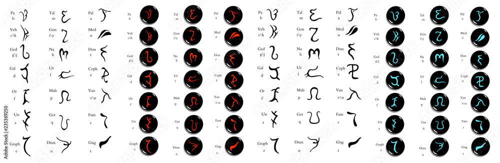 Set of hand drawn enochian magical alphabet, artificial language ...