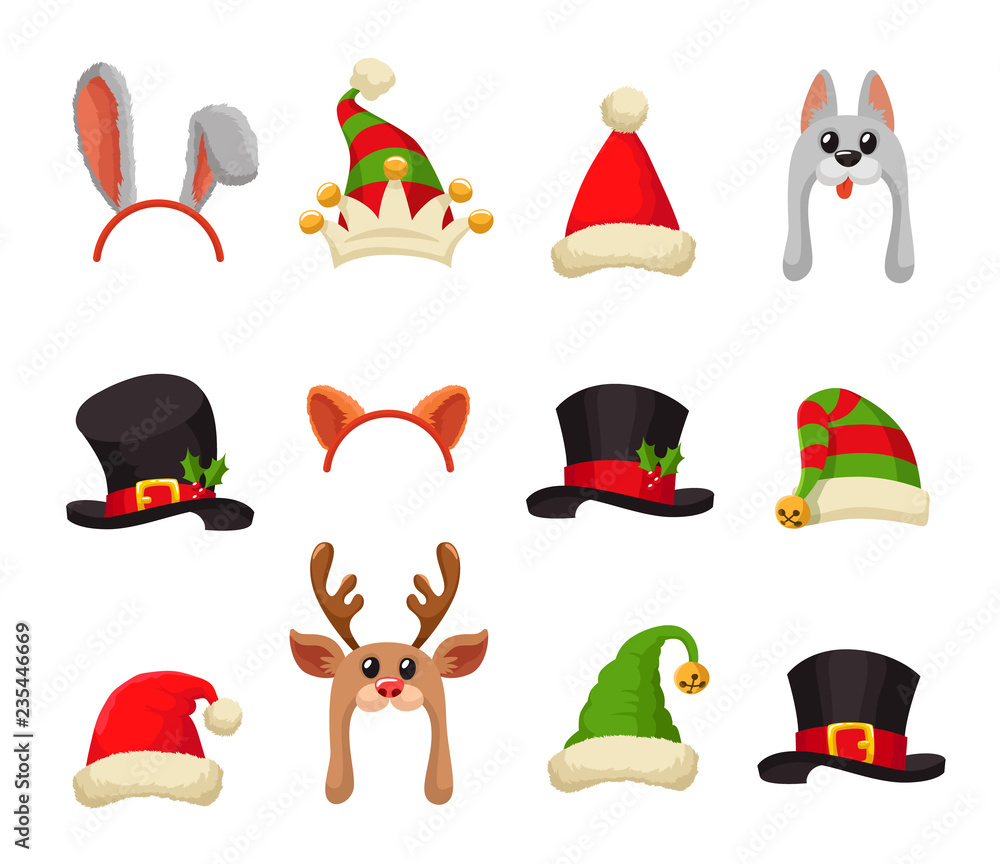 Christmas Holiday Funny Hats Set. Xmas Santa Hat, Elf Cap, Reindeer and ...