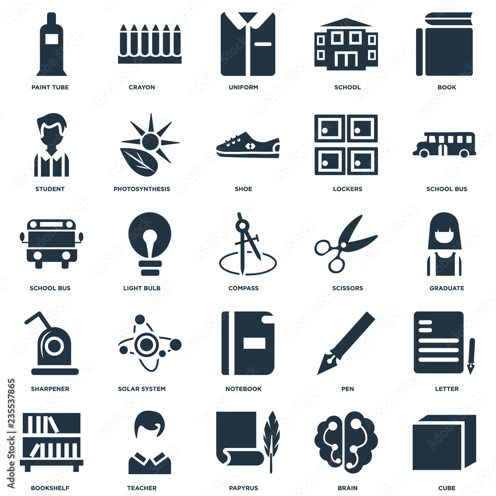 Elements Such As Cube, Brain, Papyrus, Teacher, Bookshelf, School bus ...
