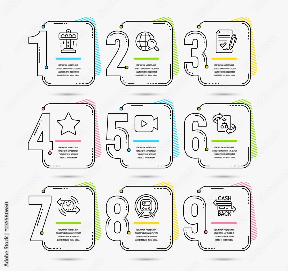 Infographic template with numbers 9 options. Set of Internet search, Approved agreement and ...