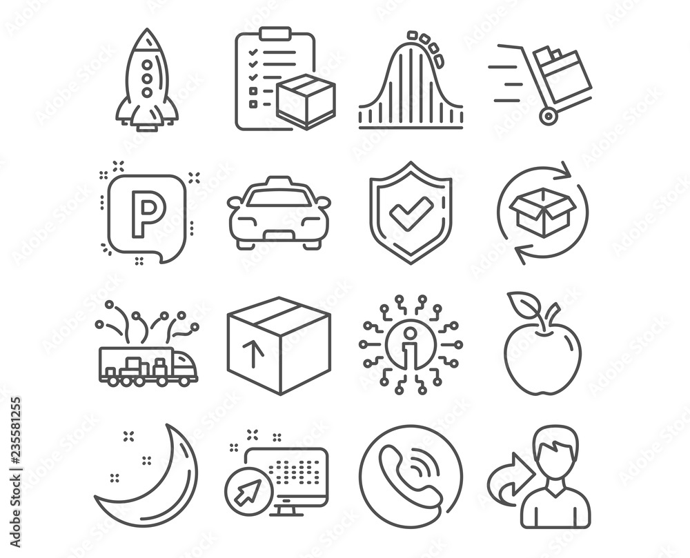 Set of Parcel checklist, Parking and Rocket icons. Package, Return ...