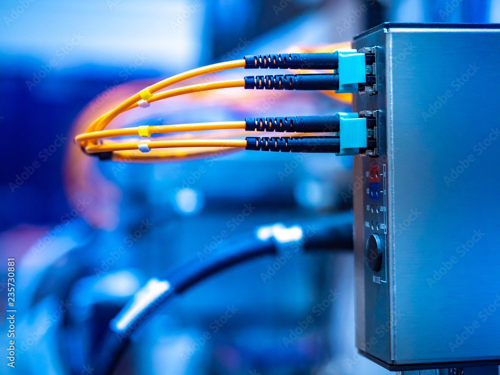 Internet connection. Router. Wire connection. Network cables connected ...