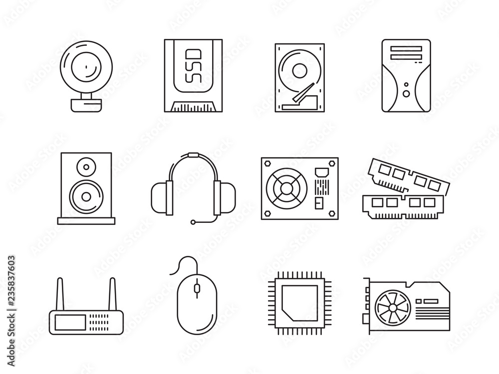Hardware pc components. Symbols of computer items processor server ssd ...