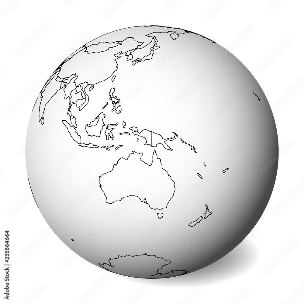 Blank political map of Australia. 3D Earth globe with black outline map ...