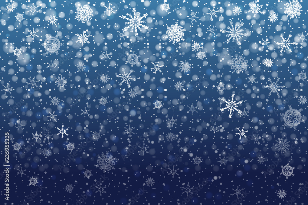 Christmas snow. Falling snowflakes on deep blue background. Snowfall ...