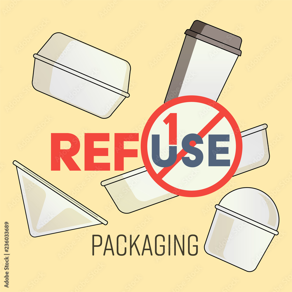 Typographic design with outline flat symbols of single-use plastic ...