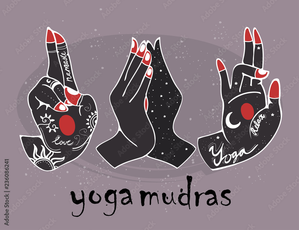 Hand drawn yoga mudras. Graphic vector set. Everything is isolated ...
