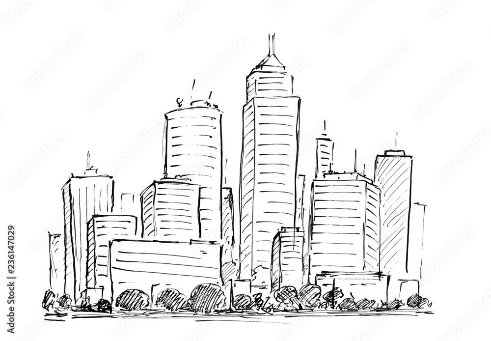 Black brush and ink artistic rough hand drawing of generic city high ...