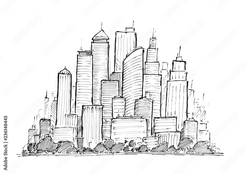 Black brush and ink artistic rough hand drawing of generic city high ...