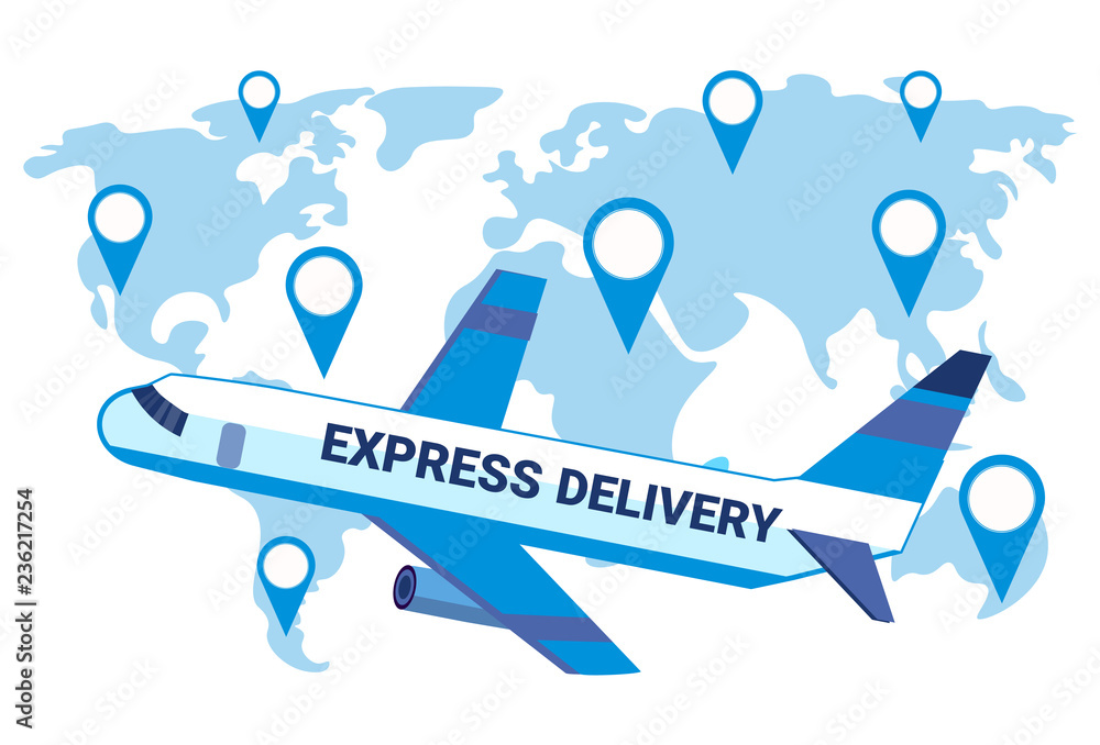 express delivery airplane transport world map geo tag background ...