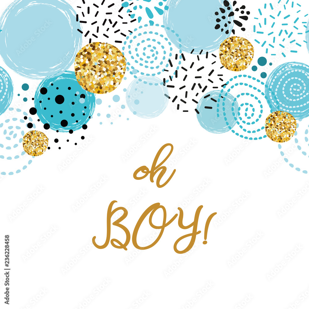 Oh boy cute baby shower with blue gold round elements Boy birthday ...