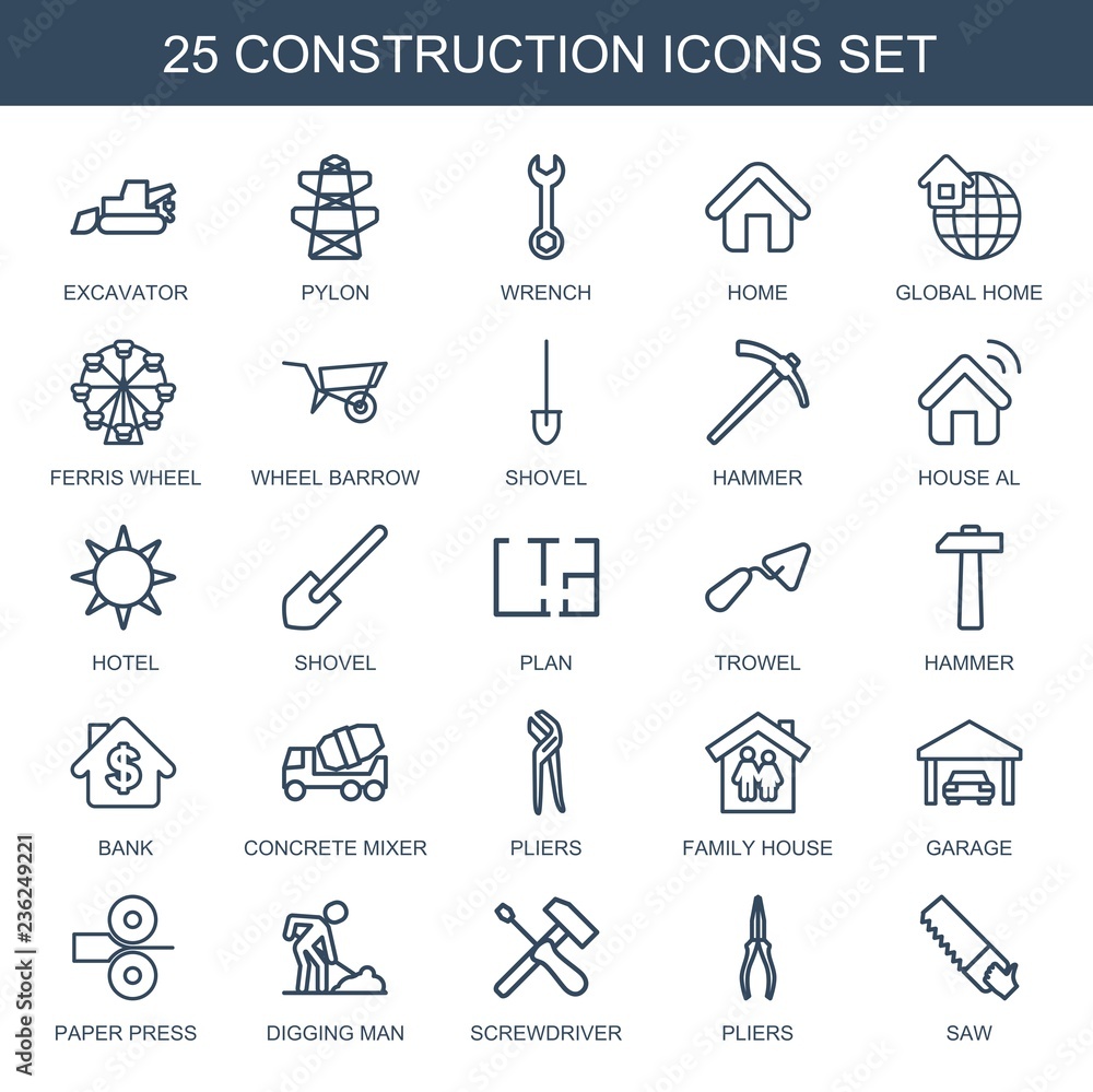 construction icons. Set of 25 outline construction icons included ...