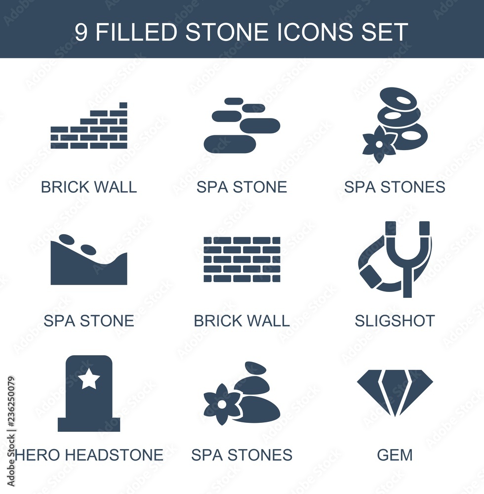 stone icons. Set of 9 filled stone icons included brick wall, spa stone ...