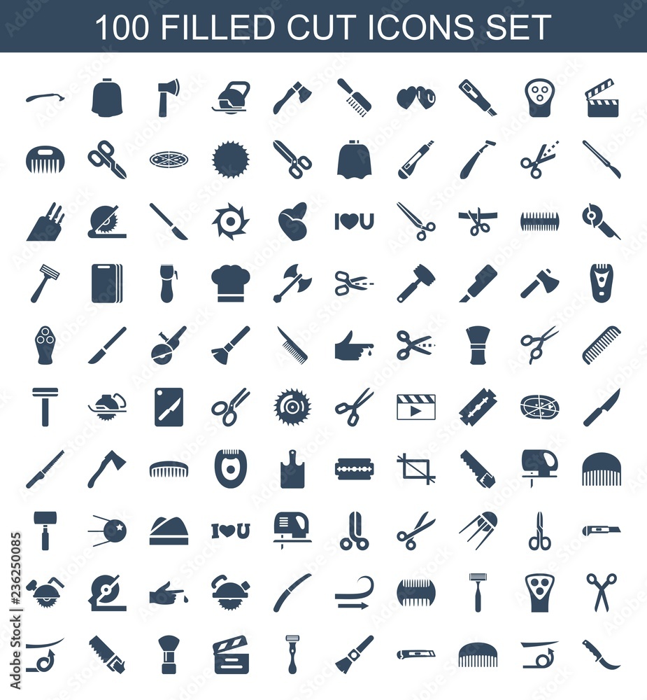 cut icons. Set of 100 filled cut icons included gardening knife, straight hair, comb, cutter ...