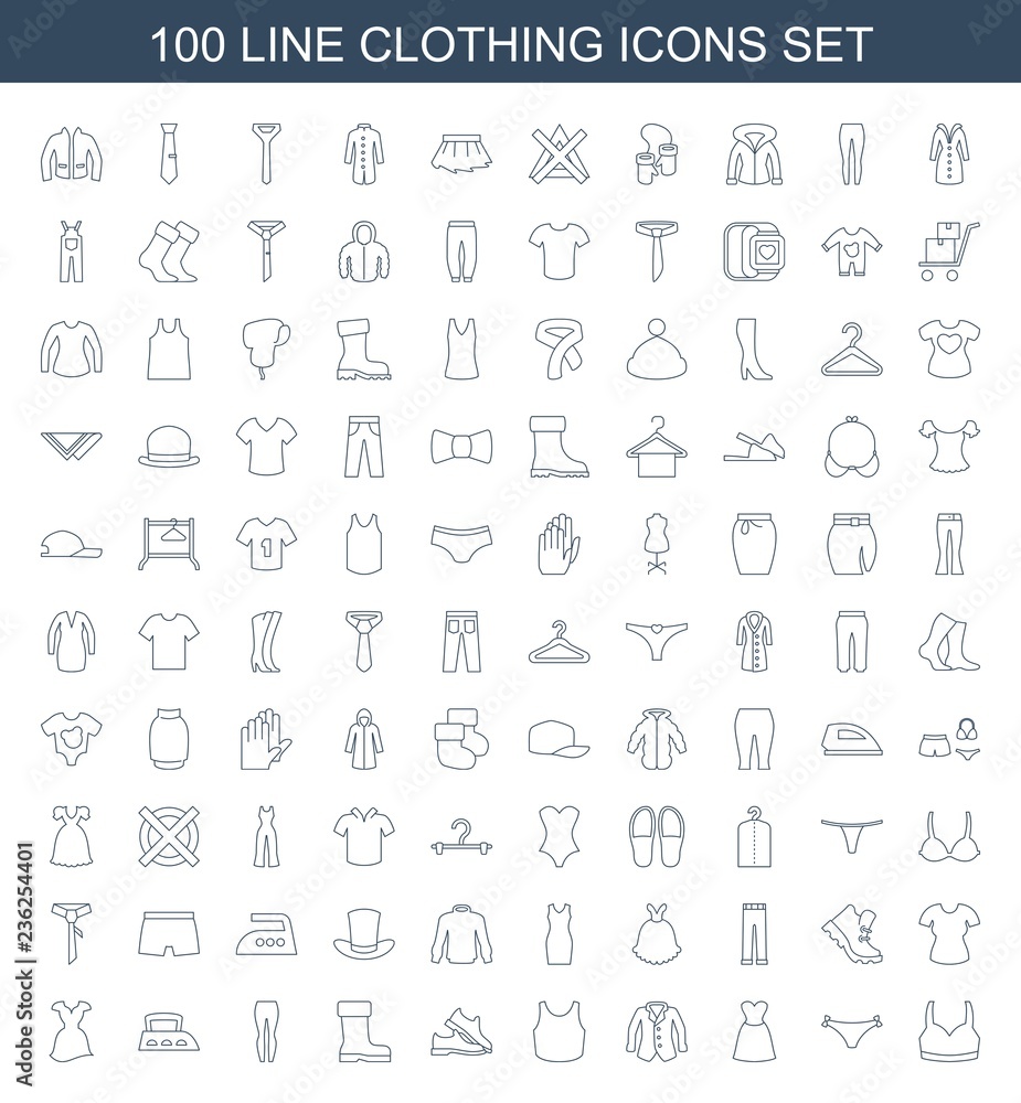clothing icons. Set of 100 line clothing icons included sport bra ...