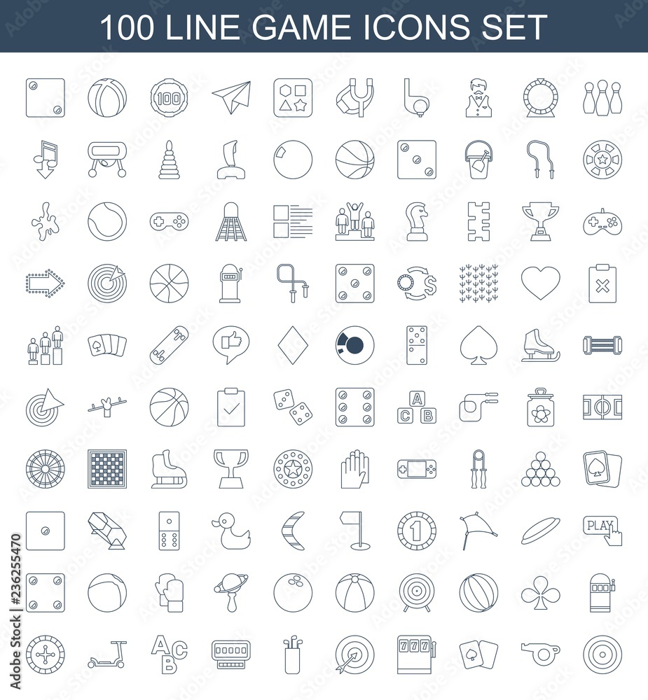 game icons. Set of 100 line game icons included target, whistle, playing card, Slot machine ...