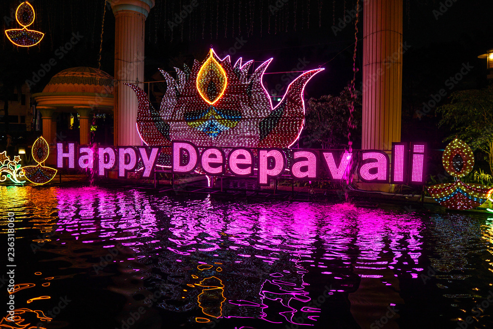 Lights signage for the celebration of Deepavali, festival of lights, in ...