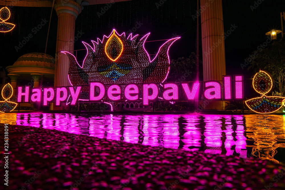 Lights signage for the celebration of Deepavali, festival of lights, in ...