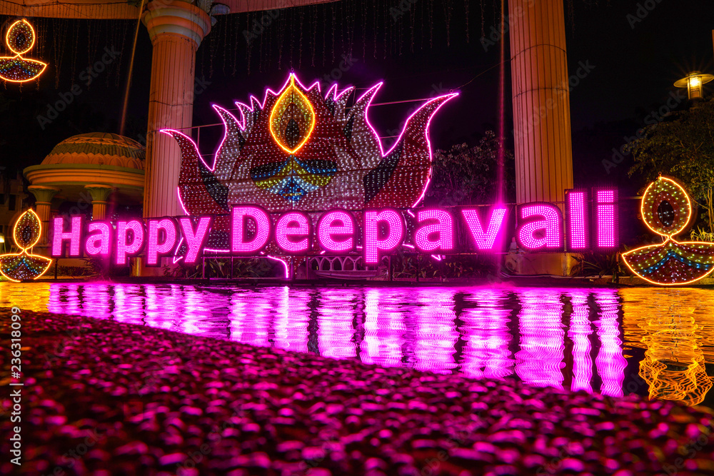 Lights signage for the celebration of Deepavali, festival of lights, in ...