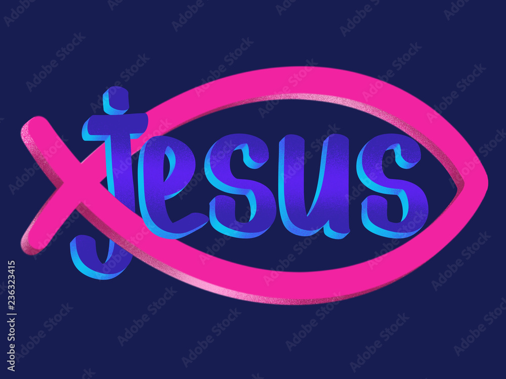 Jesus text, handwritten sign with Fish symbol blue background. Hand ...