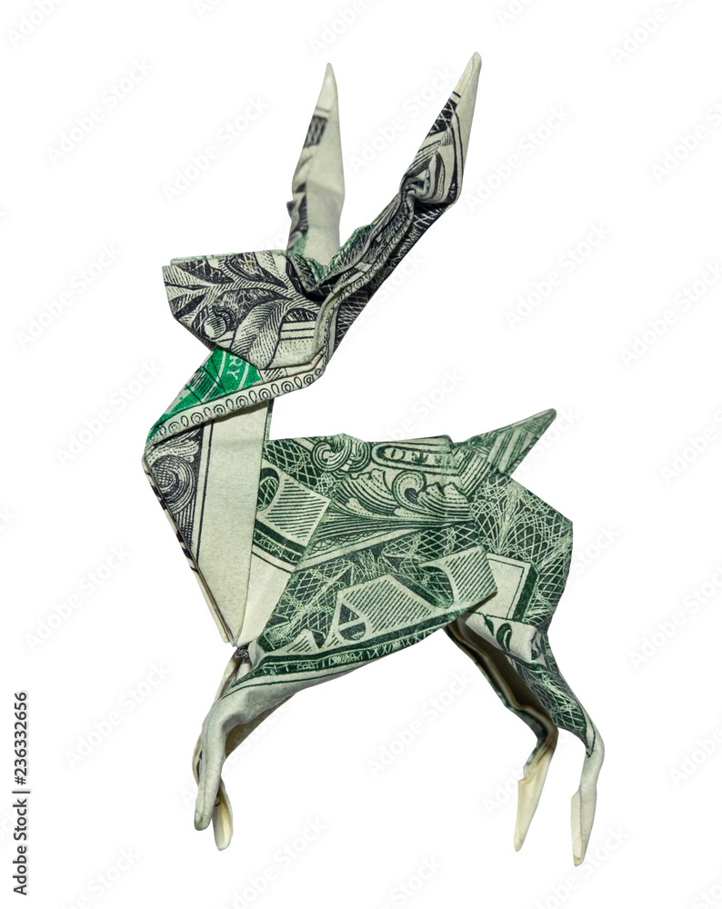 Money Origami DEER Folded with Real One Dollar Bill Stag Isolated on ...