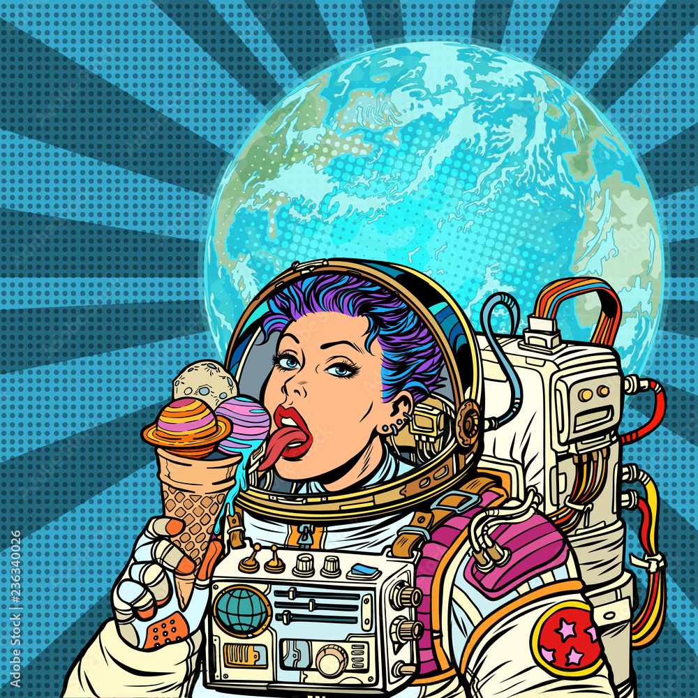 Woman Astronaut Eats Planets Of The Solar System Like Ice Cream Stock
