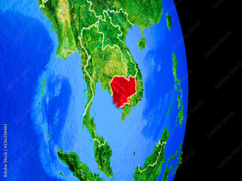 Cambodia on realistic model of planet Earth with country borders and ...
